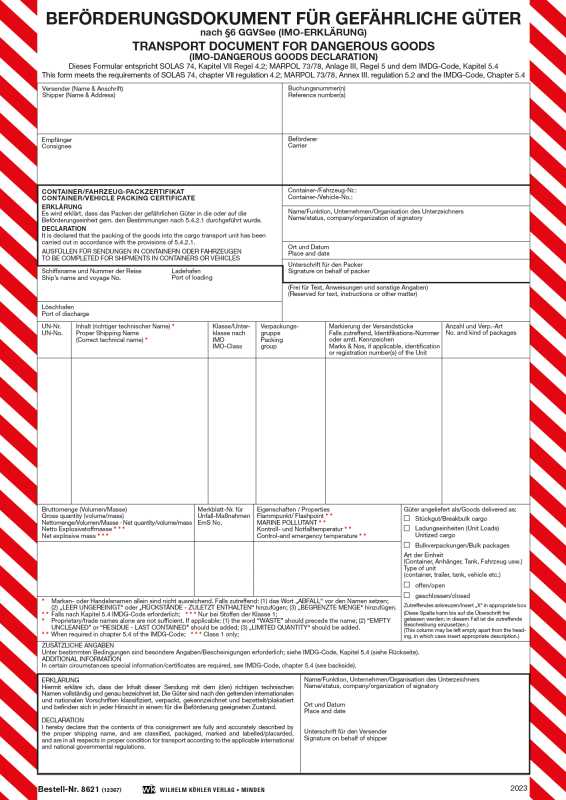 Vordrucke für Gefahrguttransport